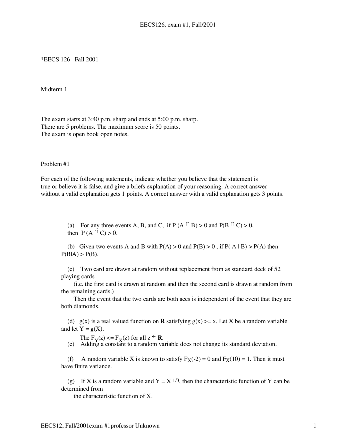 Valid Explanation - Probability and Random Processes - Exam - Docsity