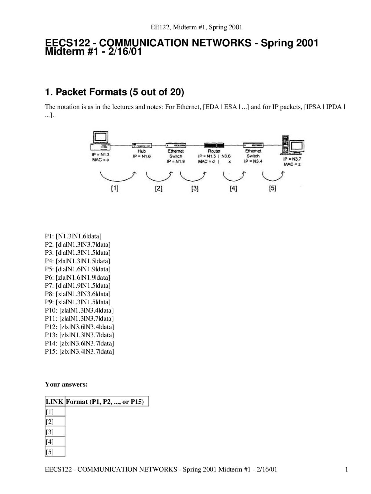 EECS122 Communication Networks Midterm #1, Spring 2001 | Exams Data ...