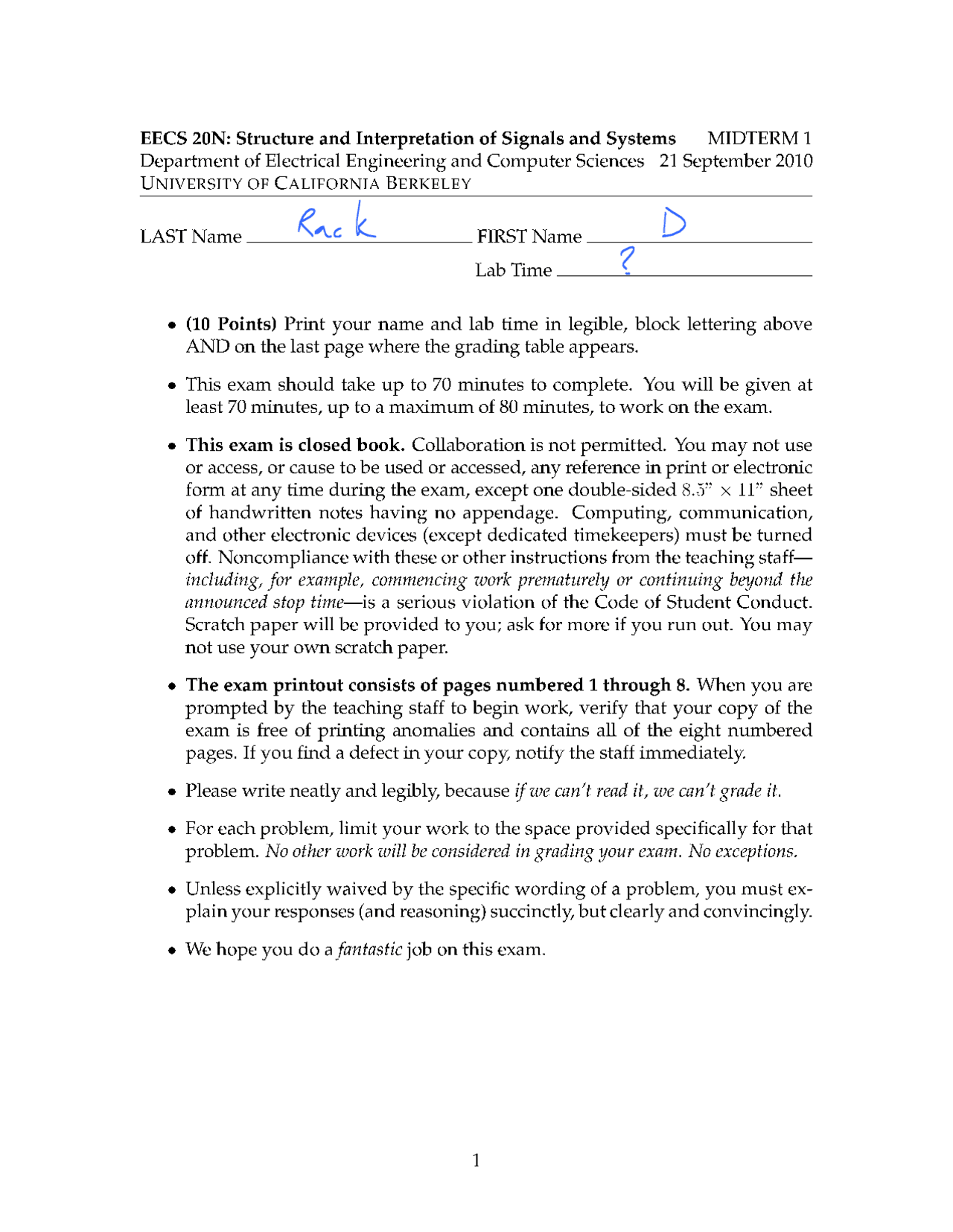 Instantaneous Position - Structure and Interpretation of Systems and Signals - Solved Exam - Docsity