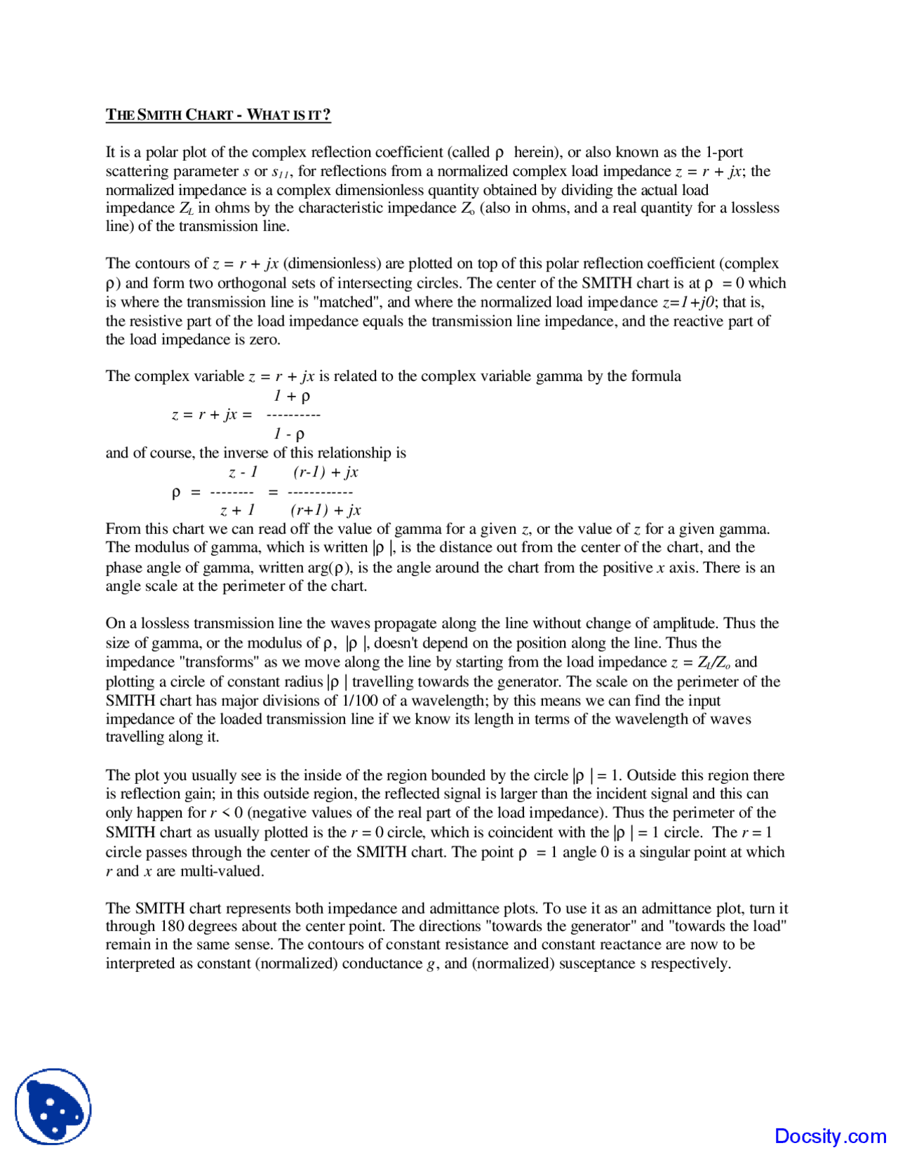 Smith Chart Communication Transmission Principles Lecture Notes