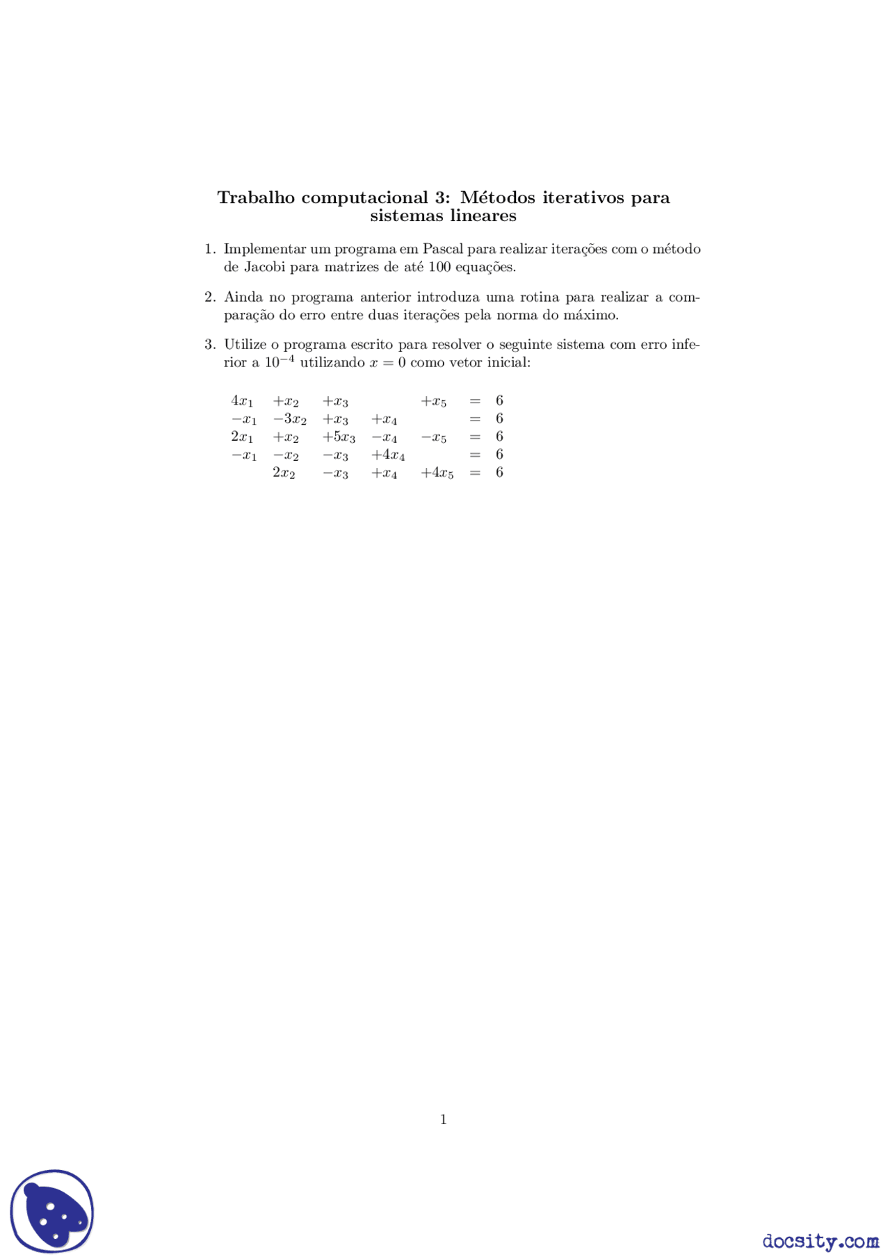 Trabalho Computacional 3 Métodos Iterativos Para Sistemas Lineares