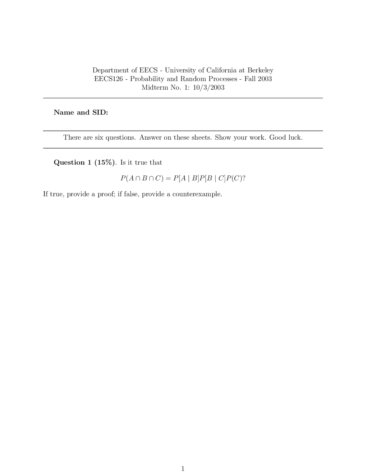Probability - Probability and Random Processes - Exam - Docsity