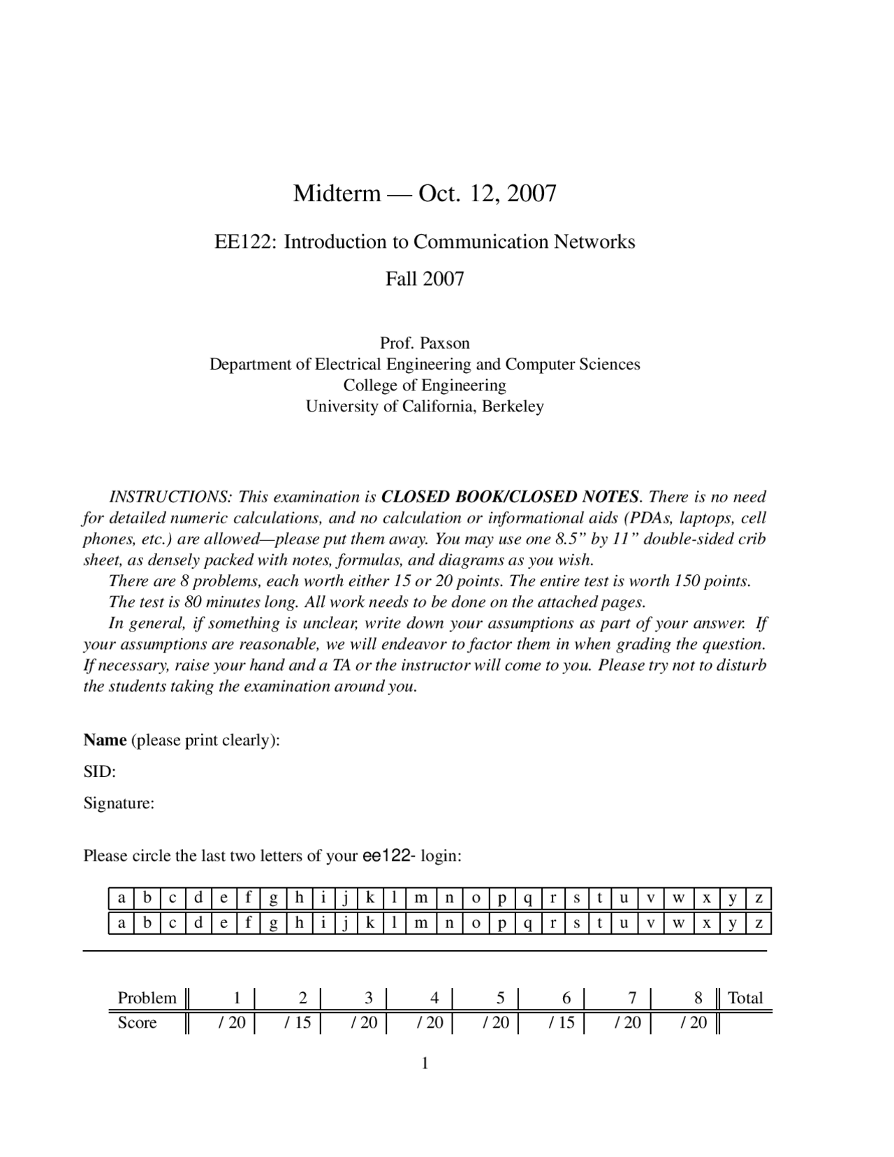 Alphabet Soup - Introduction to Communication Networks - Exam - Docsity