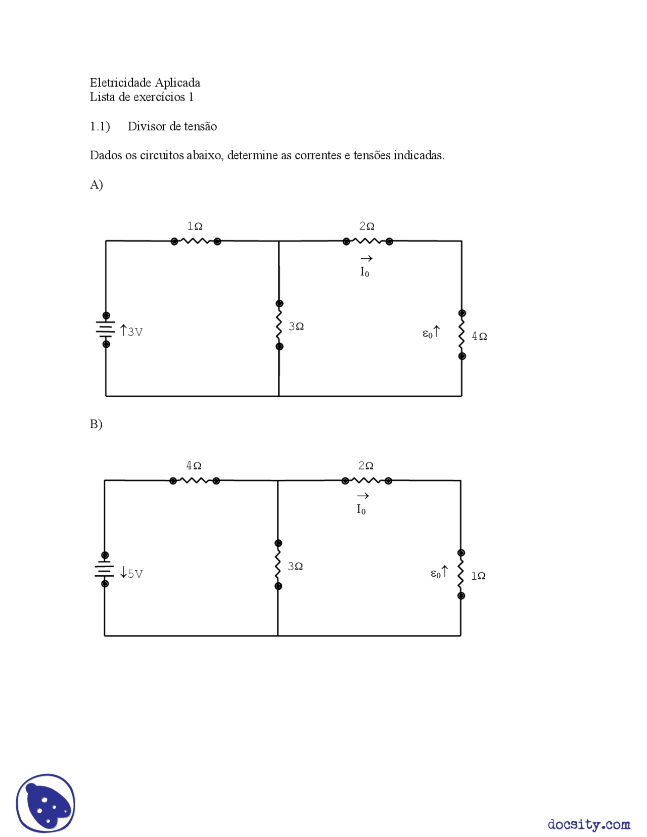 Lista I Exercícios Eletricidade Aplicada Docsity