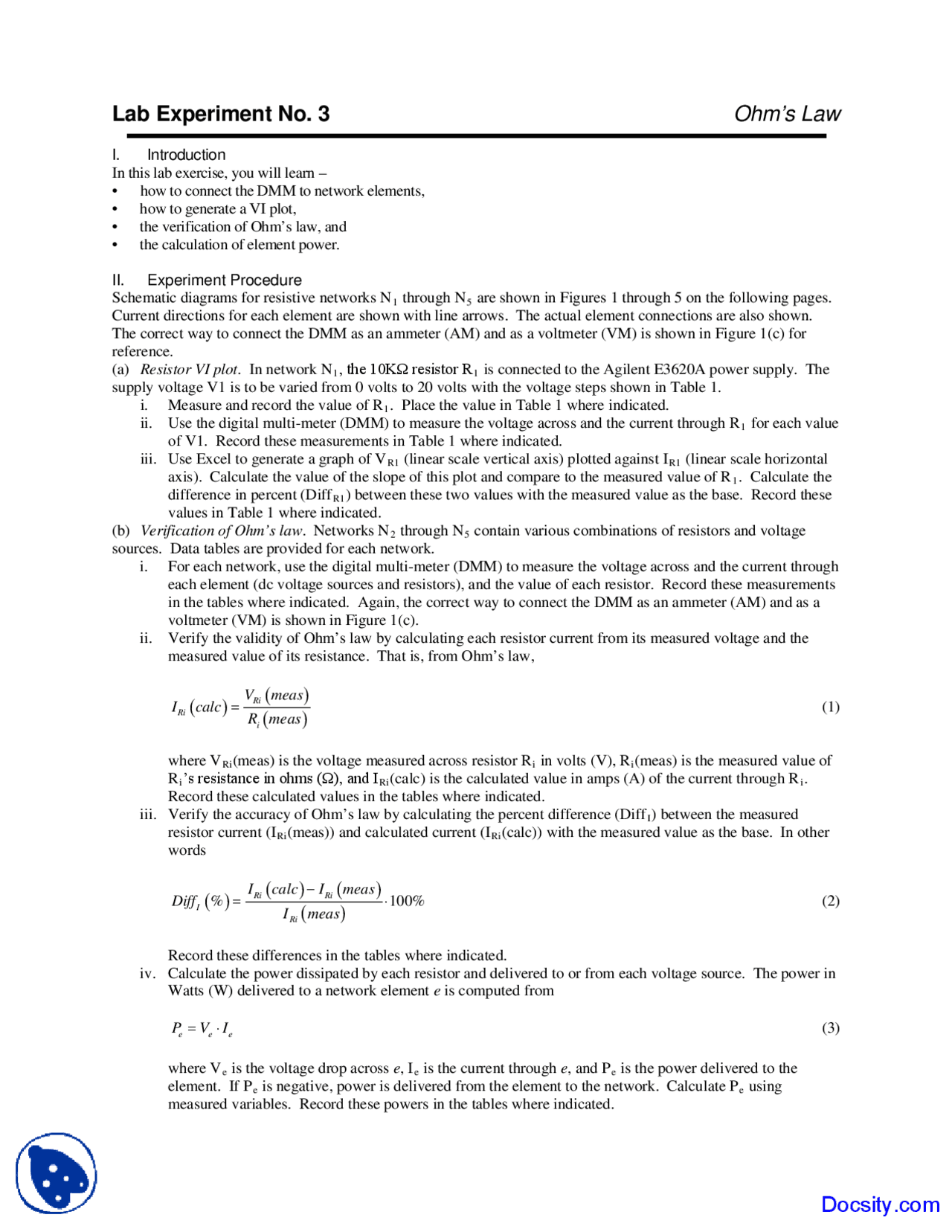 Ohms Law - Introduction to Electrical Engineering - Lab Notes | Study ...