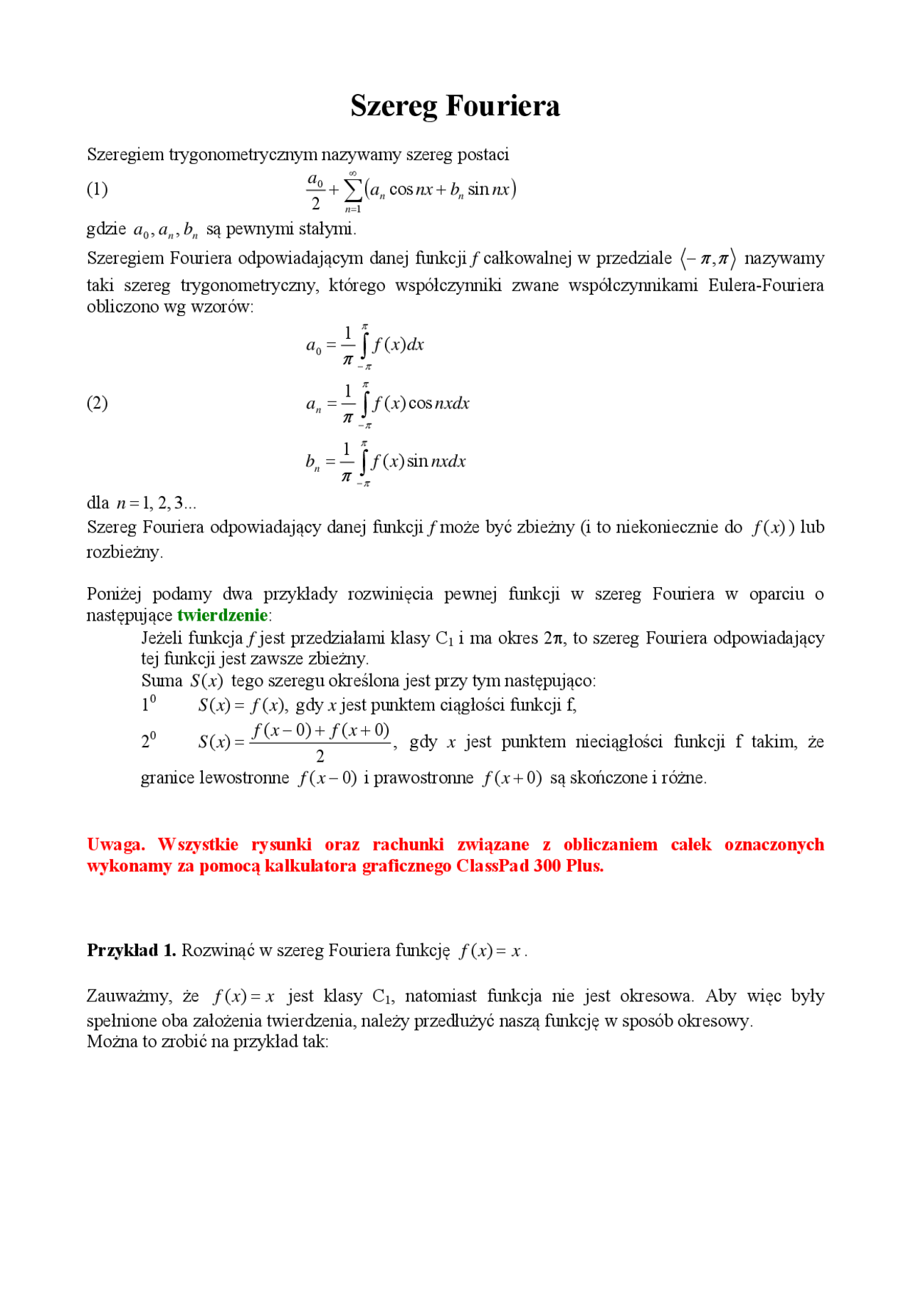 Szereg Fouriera - Notatki - Analiza matematyczna - Docsity
