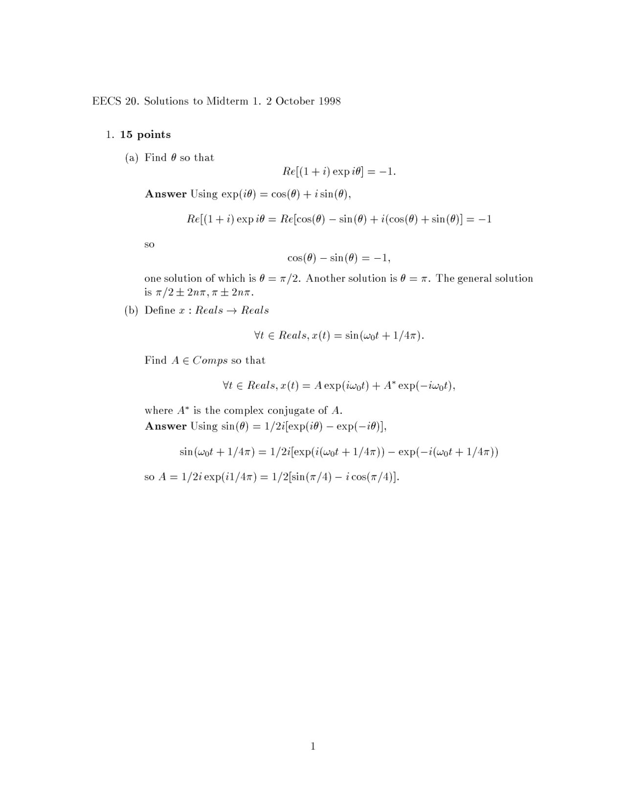 Complex Conjugate - Structure and Interpretation of Systems and Signals - Solved Exam - Docsity