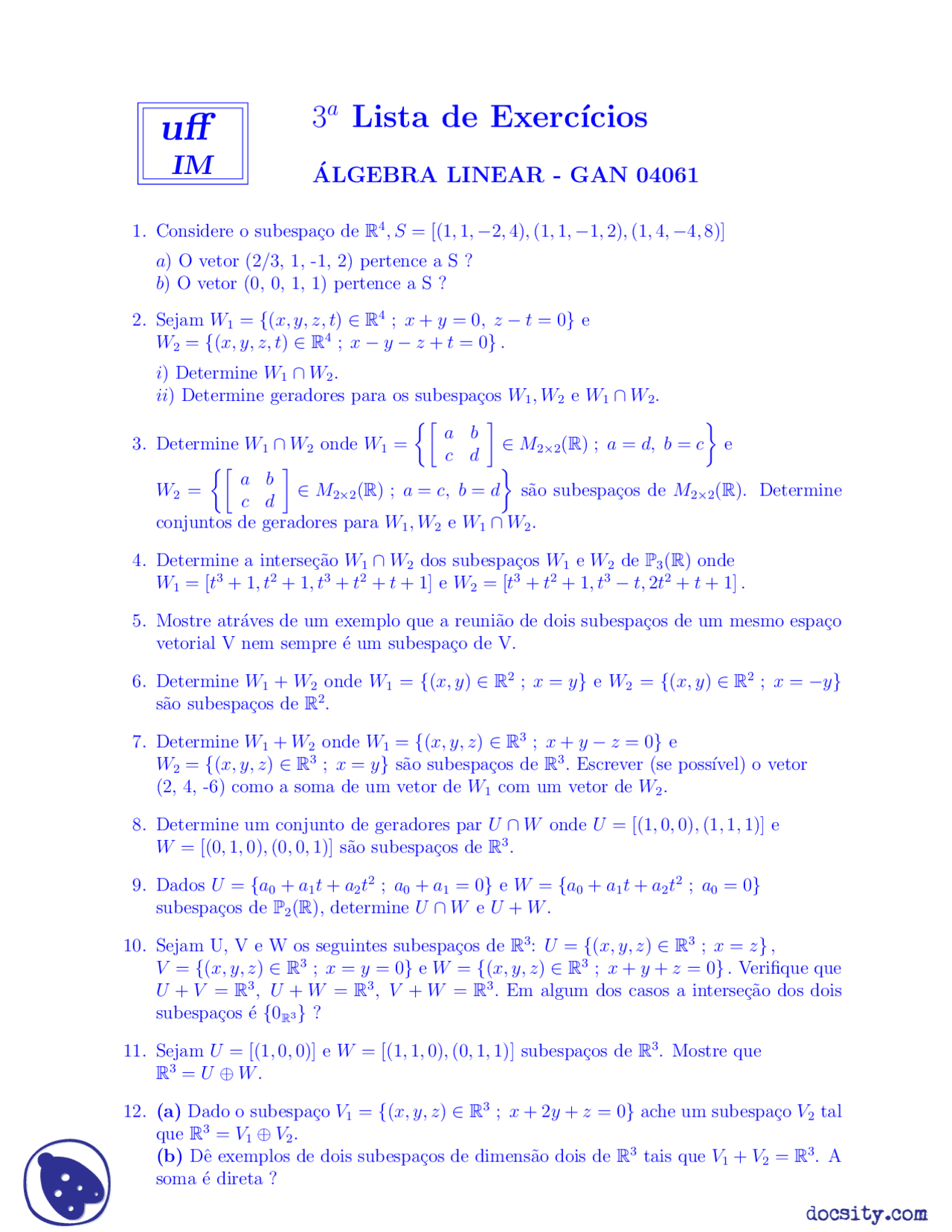 Lista 3 - Exercícios - Álgebra Linear Aplicada | Notas de estudo Geometria Analítica e Álgebra ...
