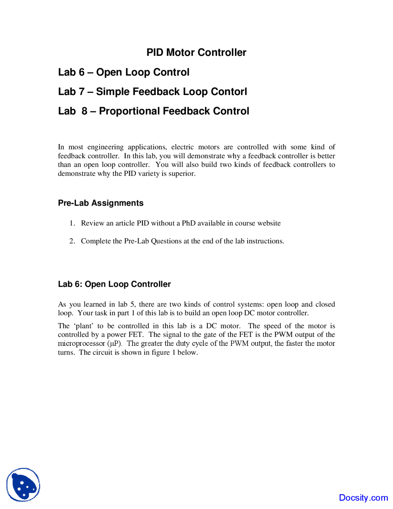 Motor Controller Embedded System Design Lab Notes Docsity