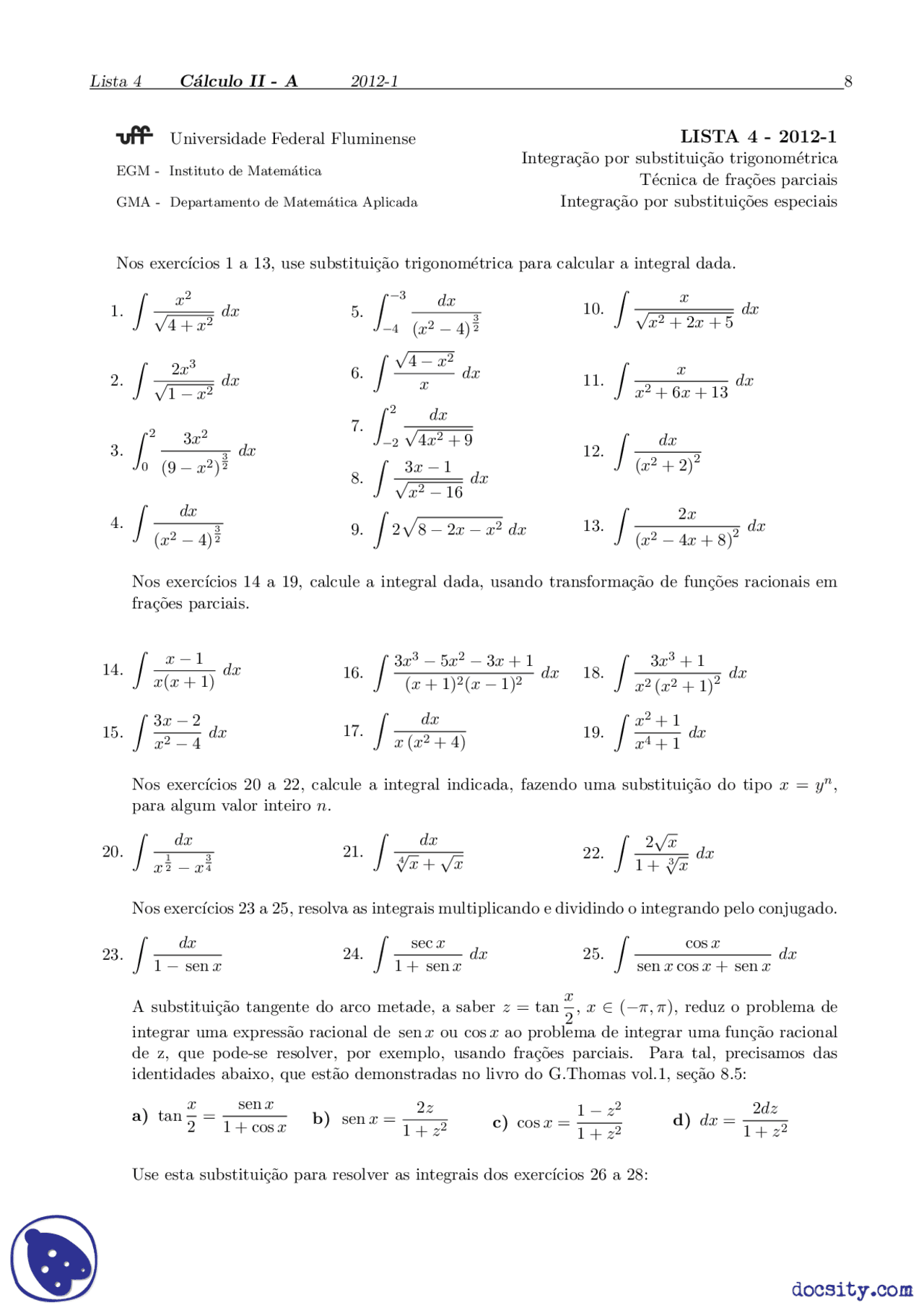 Lista 4 - Exercícios - Cálculo 2A | Notas de estudo Cálculo | Docsity