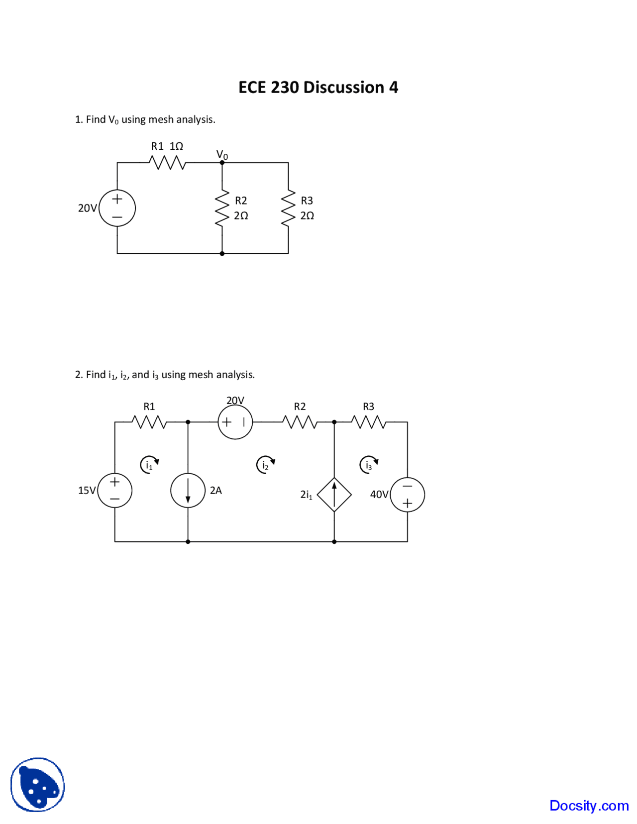 Mesh Analysis Circuit Analysis Quiz Docsity