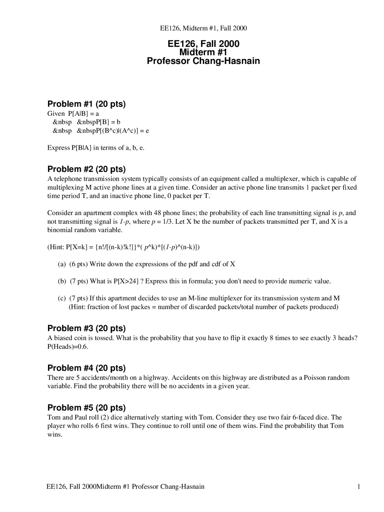 Telephone Transmission - Probability and Random Processes - Exam - Docsity
