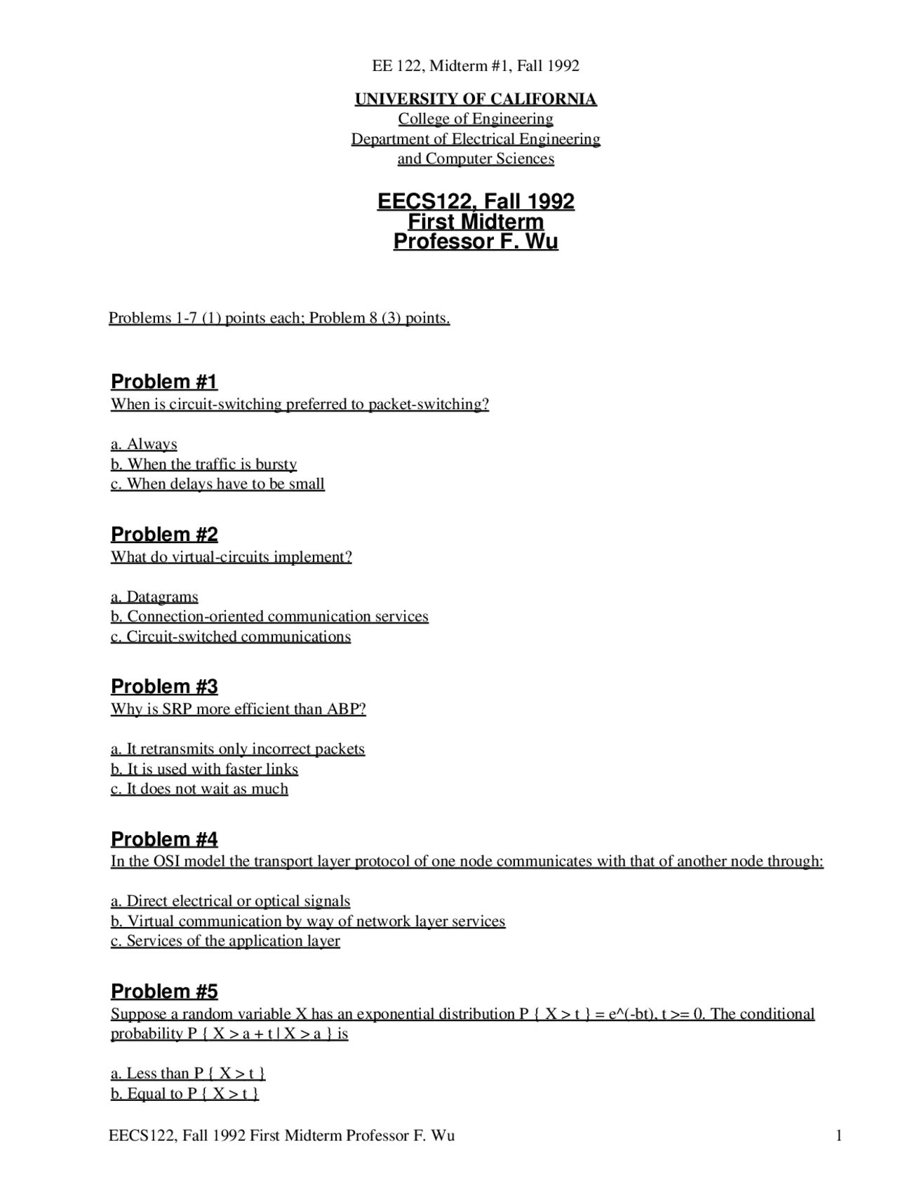 Circuit Switching - Introduction to Communication Networks - Exam - Docsity
