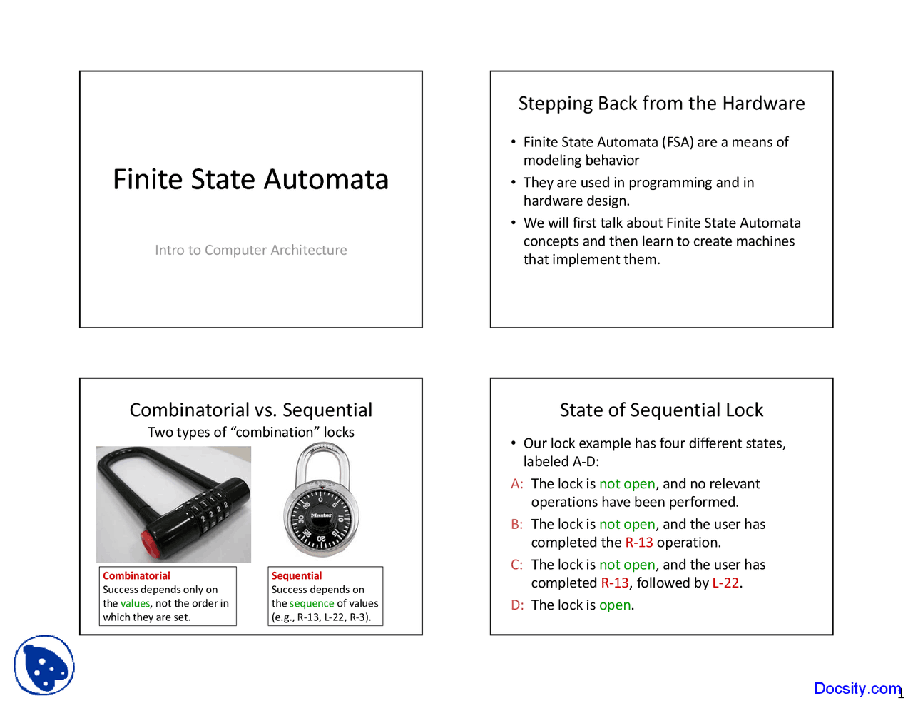 Finite State Automata - Introduction to Computer Architecture - Lecture Slides - Docsity