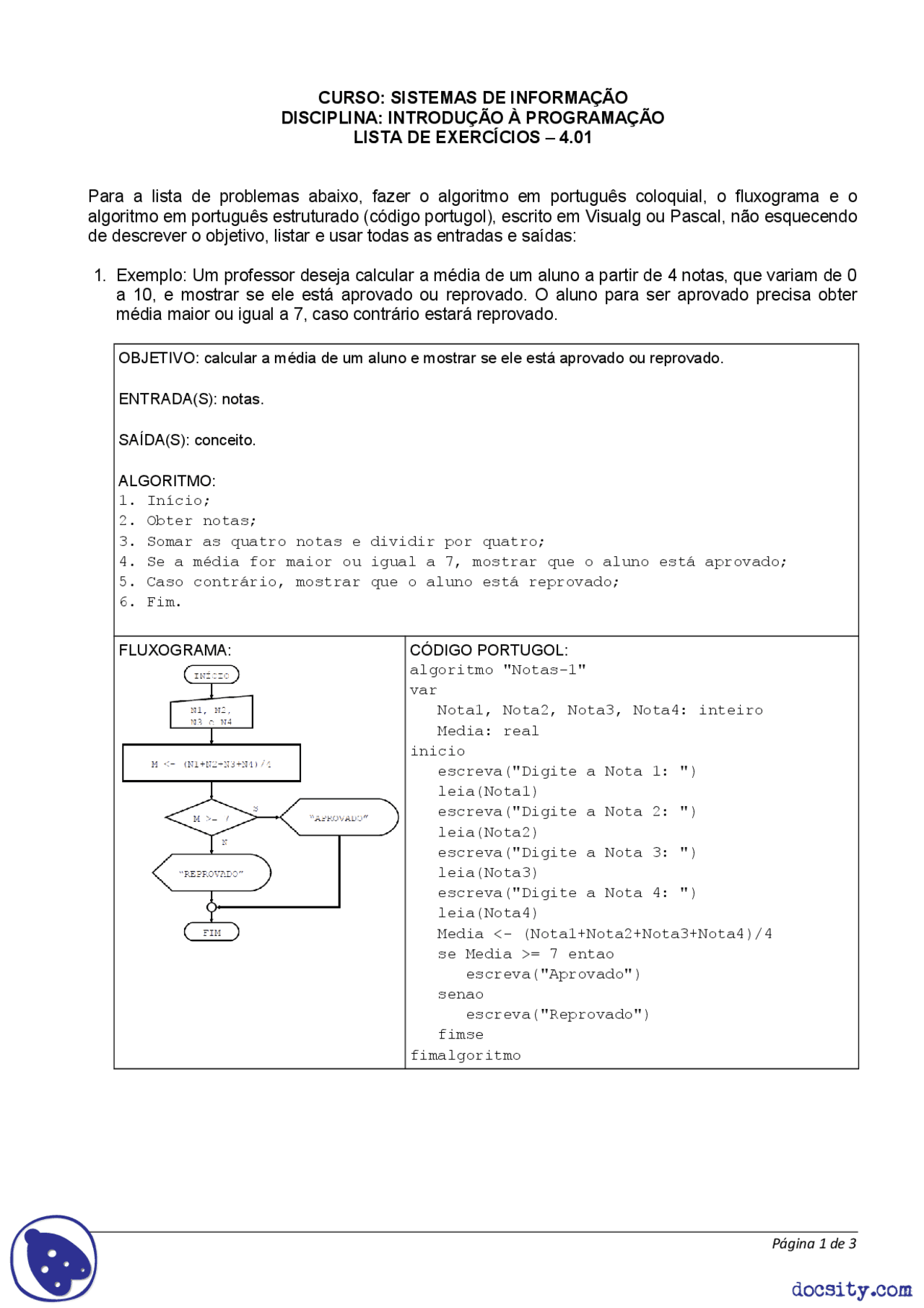 Lista De Exercícios 41 Exercícios Introdução à Programação Docsity