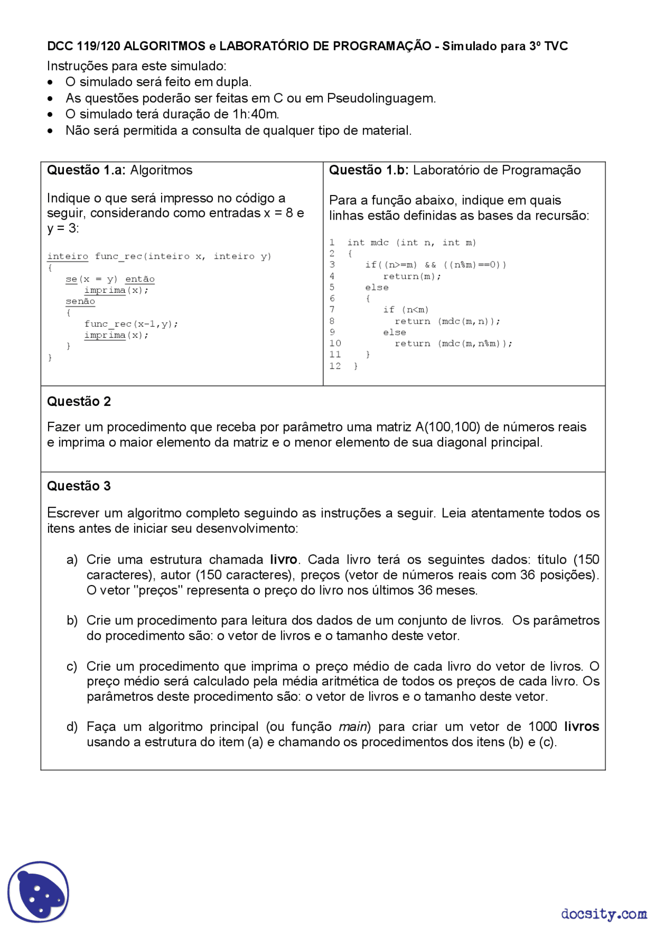 3° Simulado Algoritmos e Laboratório de Programação - Exercícios ...