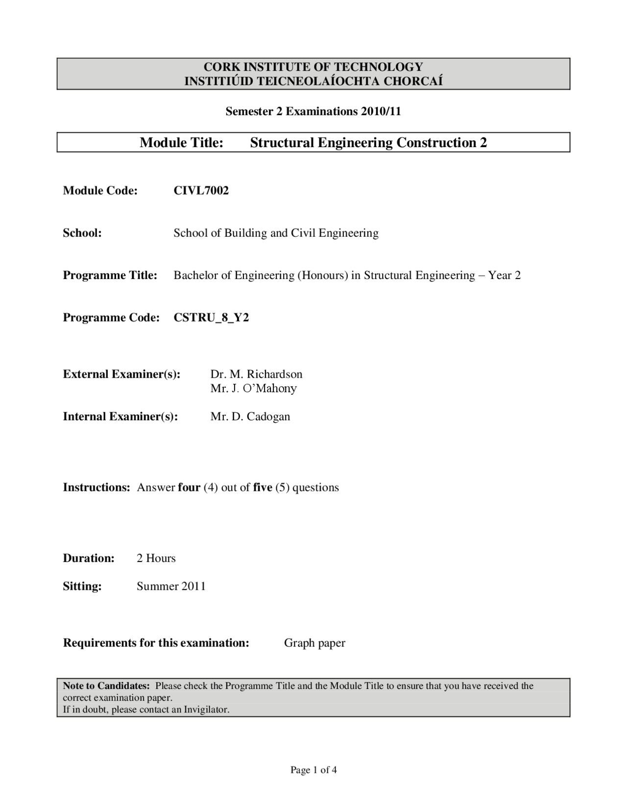 Total Structural Load - Construction - Past Paper - Docsity