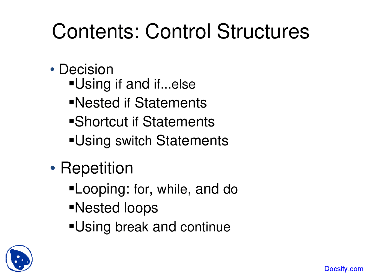 Control Structures Java Programming Language Lecture Slides