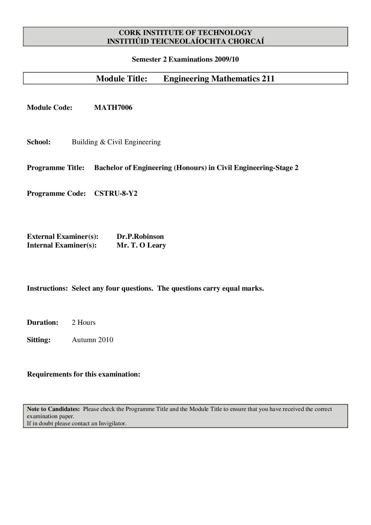 Second Order Partial Derivatives Engineering Mathematics Past Paper