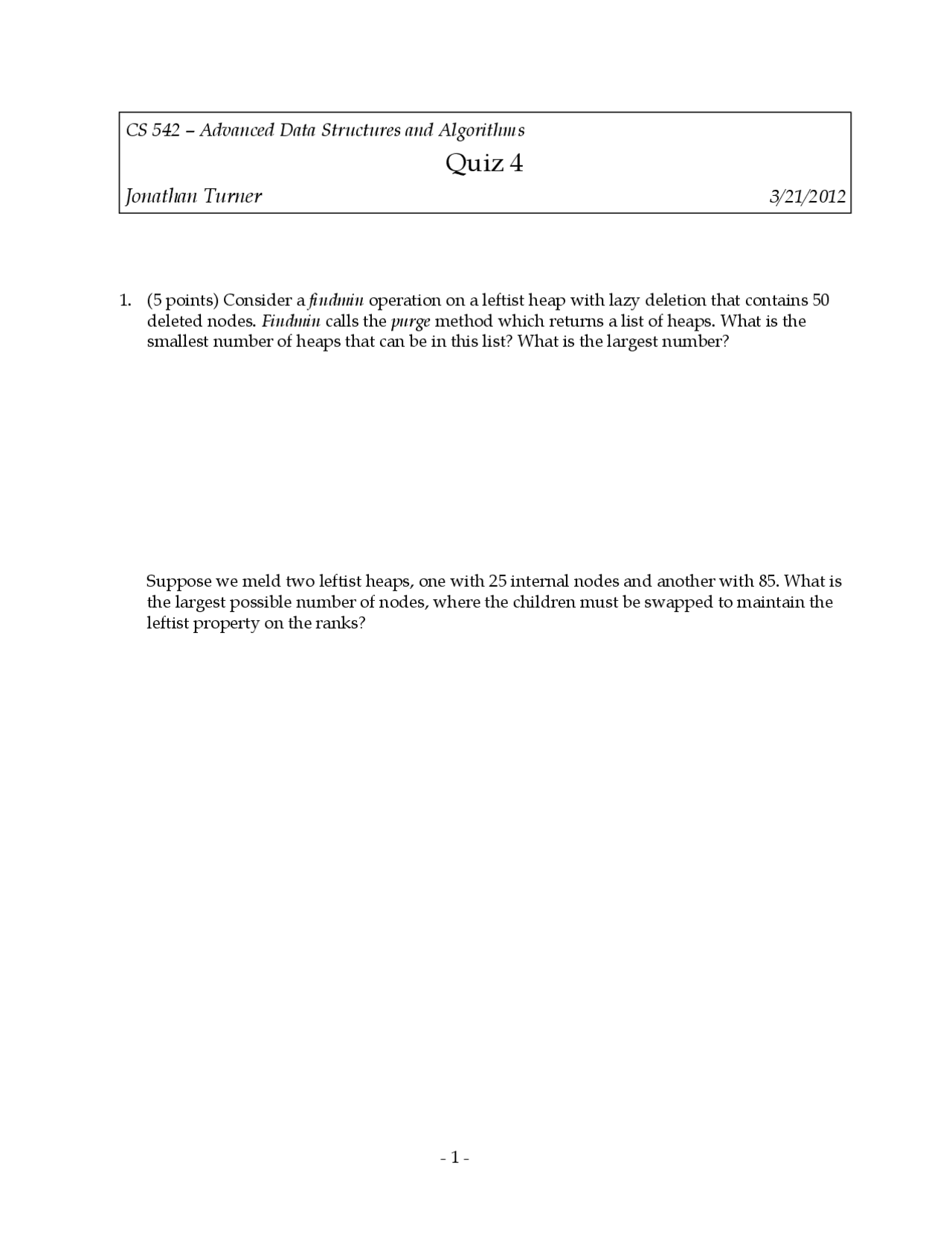 Findmin Advanced Data Structures And Algorithms Quiz Docsity