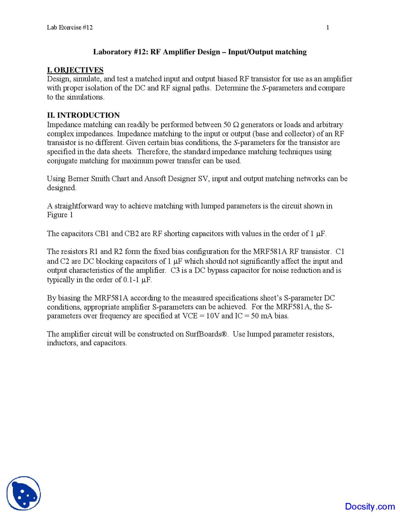 Amplifier Design Rf And Microwave Engineering Lab Notes Docsity