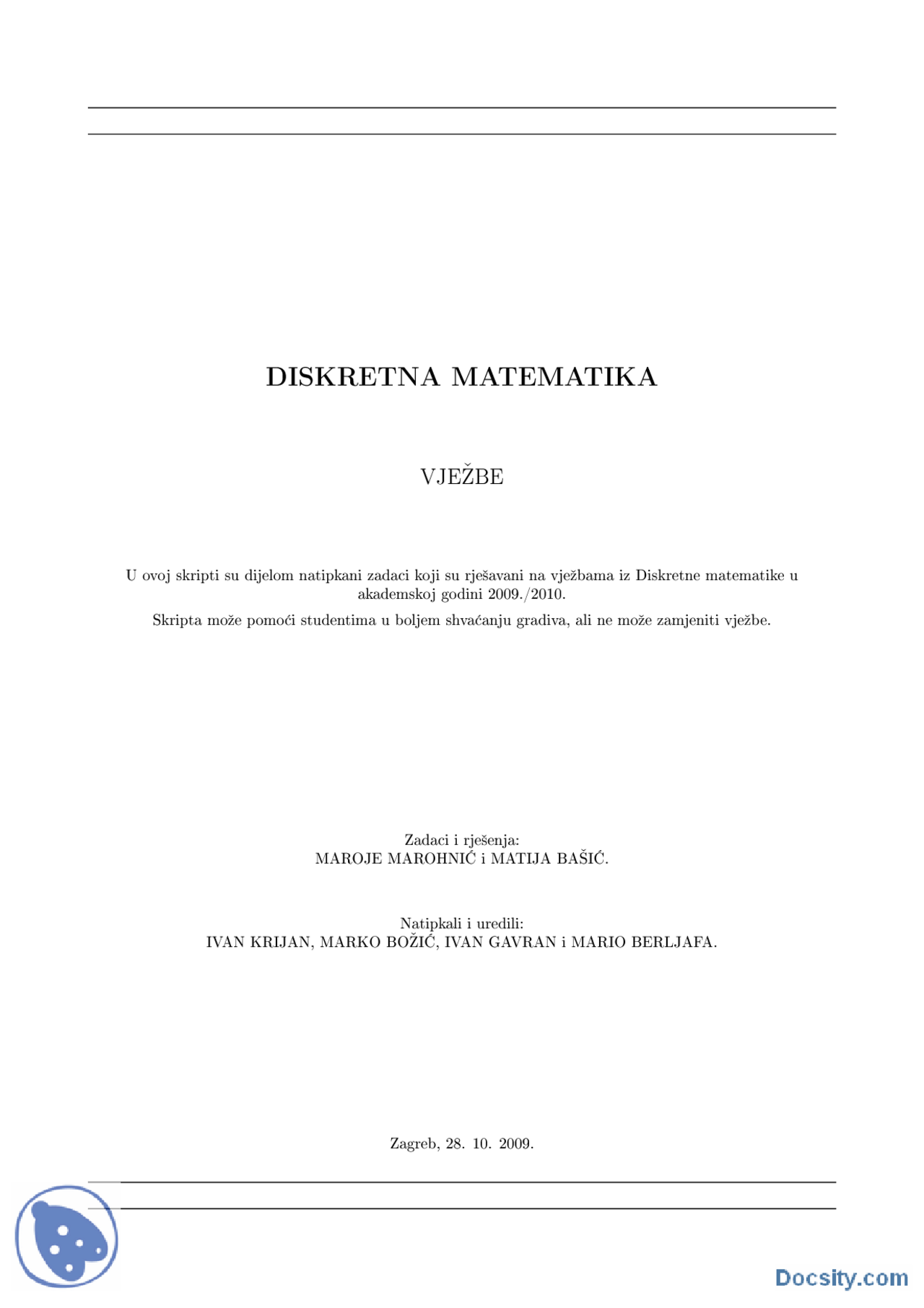 DISKRETNA MATEMATIKA-Vezbe-Matematika | Vežbe' predlog Matematika - Docsity