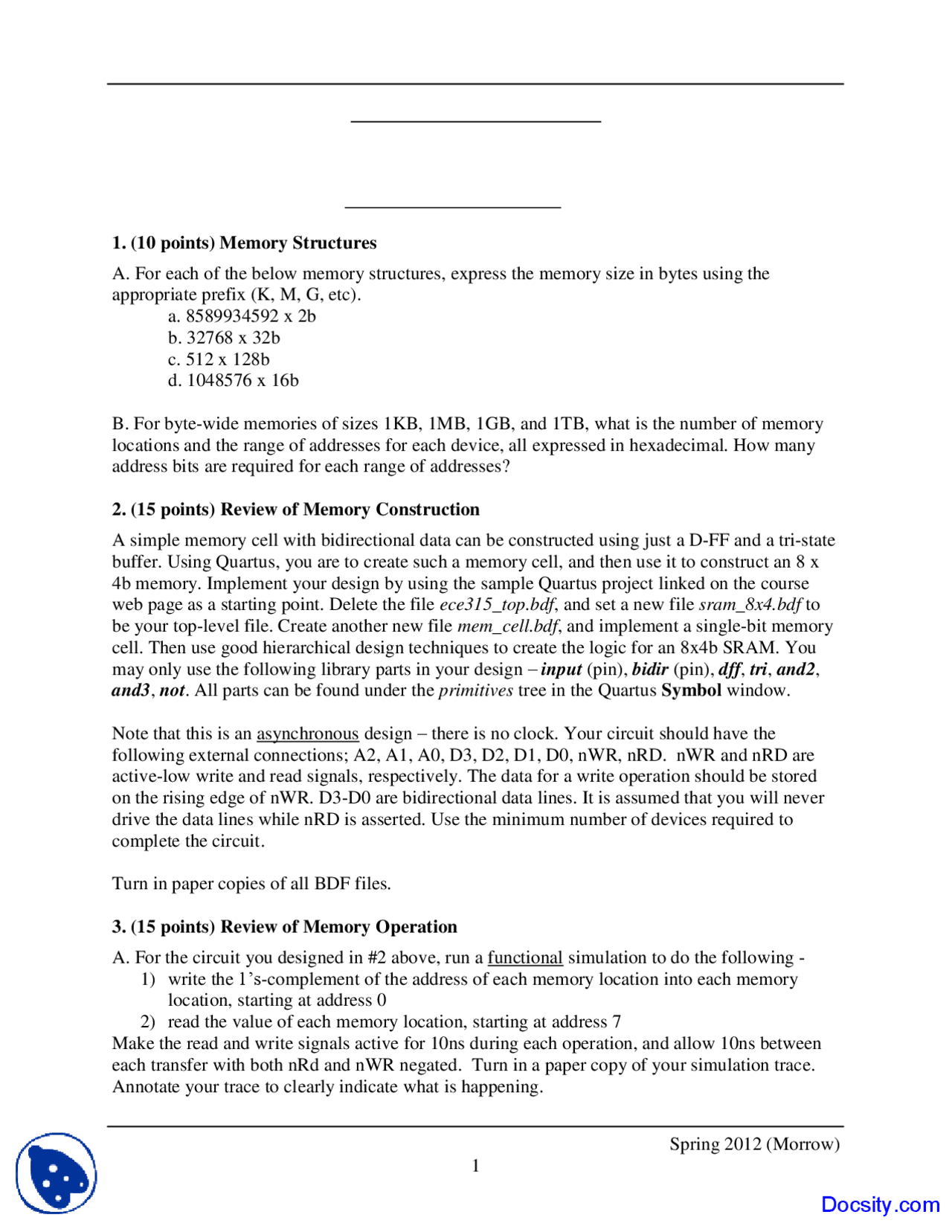 Memory Structures Introduction To Microprocessor Systems Home Work Docsity