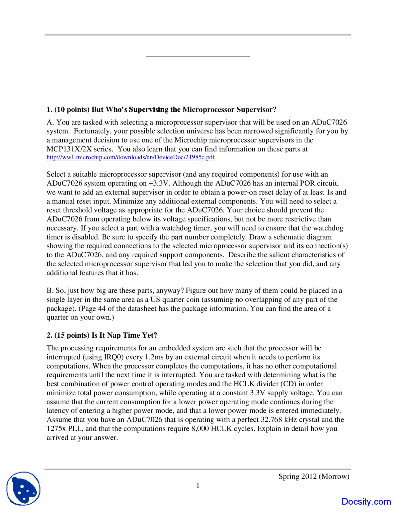 Supervising Introduction To Microprocessor Systems Home Work Docsity 