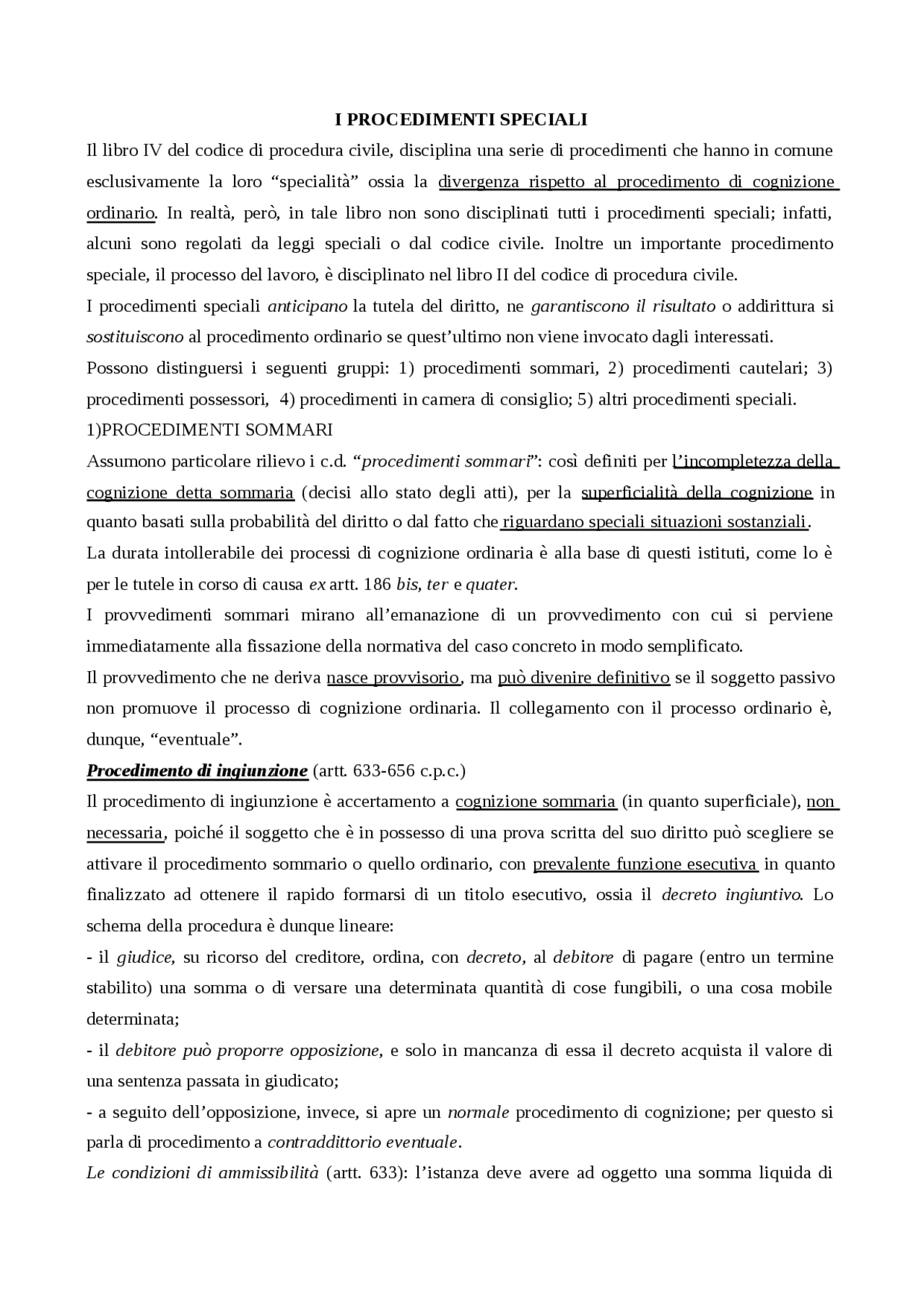 I procedimenti speciali: definizione e classificazione - Docsity