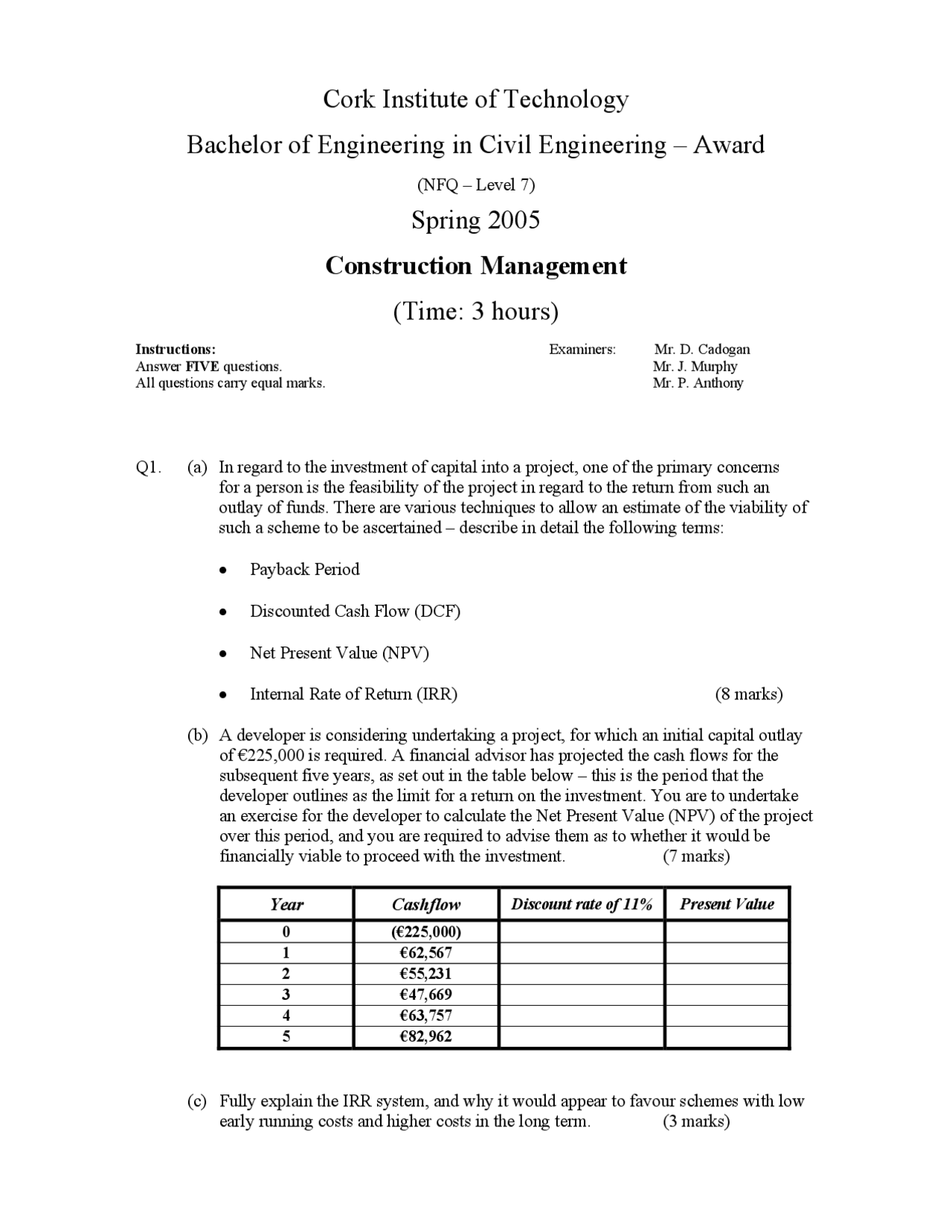 Payback Period - Construction and Management - Past Paper - Docsity