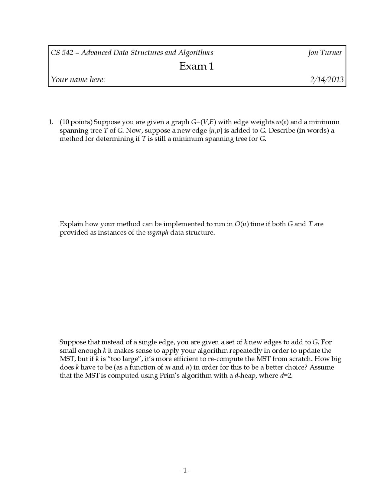 Graph Advanced Data Structures And Algorithms Exam Docsity