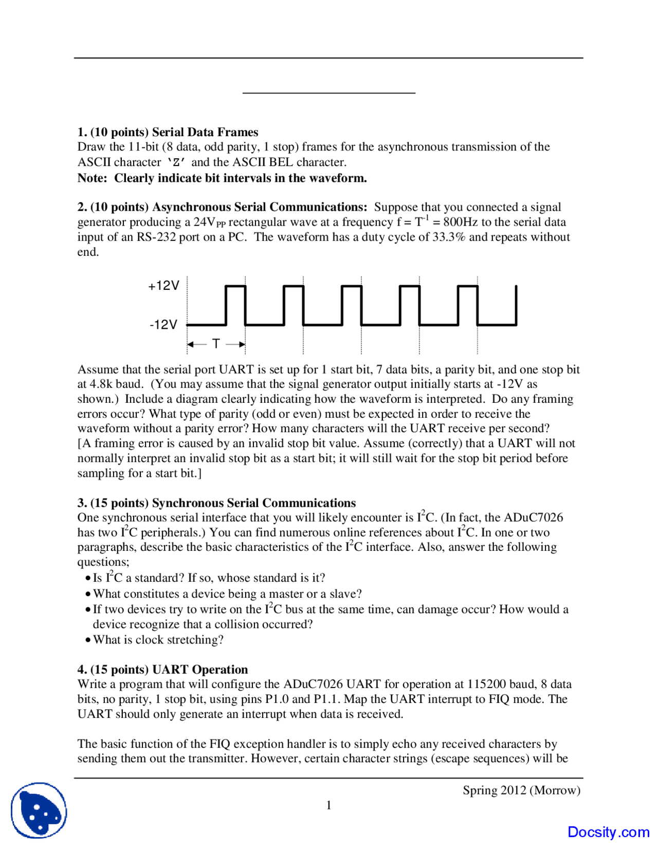 Serial Data Frames - Introduction to Microprocessor Systems - Home Work | Exercises Computer ...