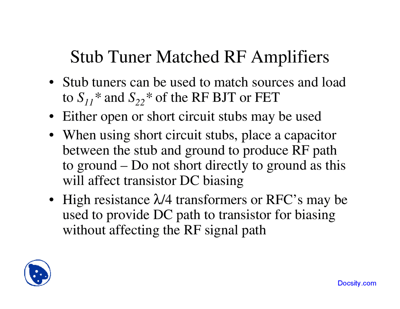 Stub Tuner Matched - RF and Microwave Engineering - Lecture Slides - Docsity