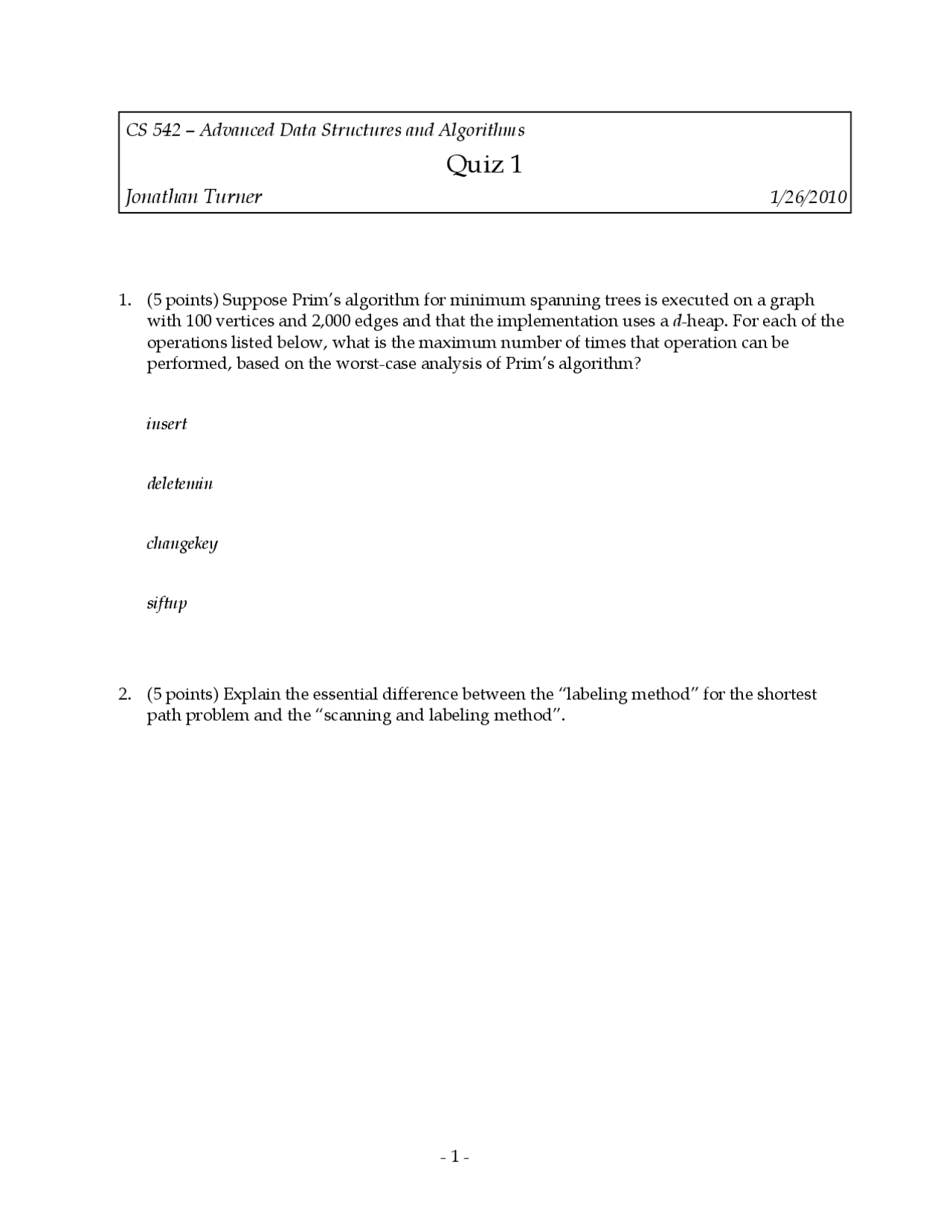 Minimum Spanning Trees Advanced Data Structures And Algorithms Quiz Docsity