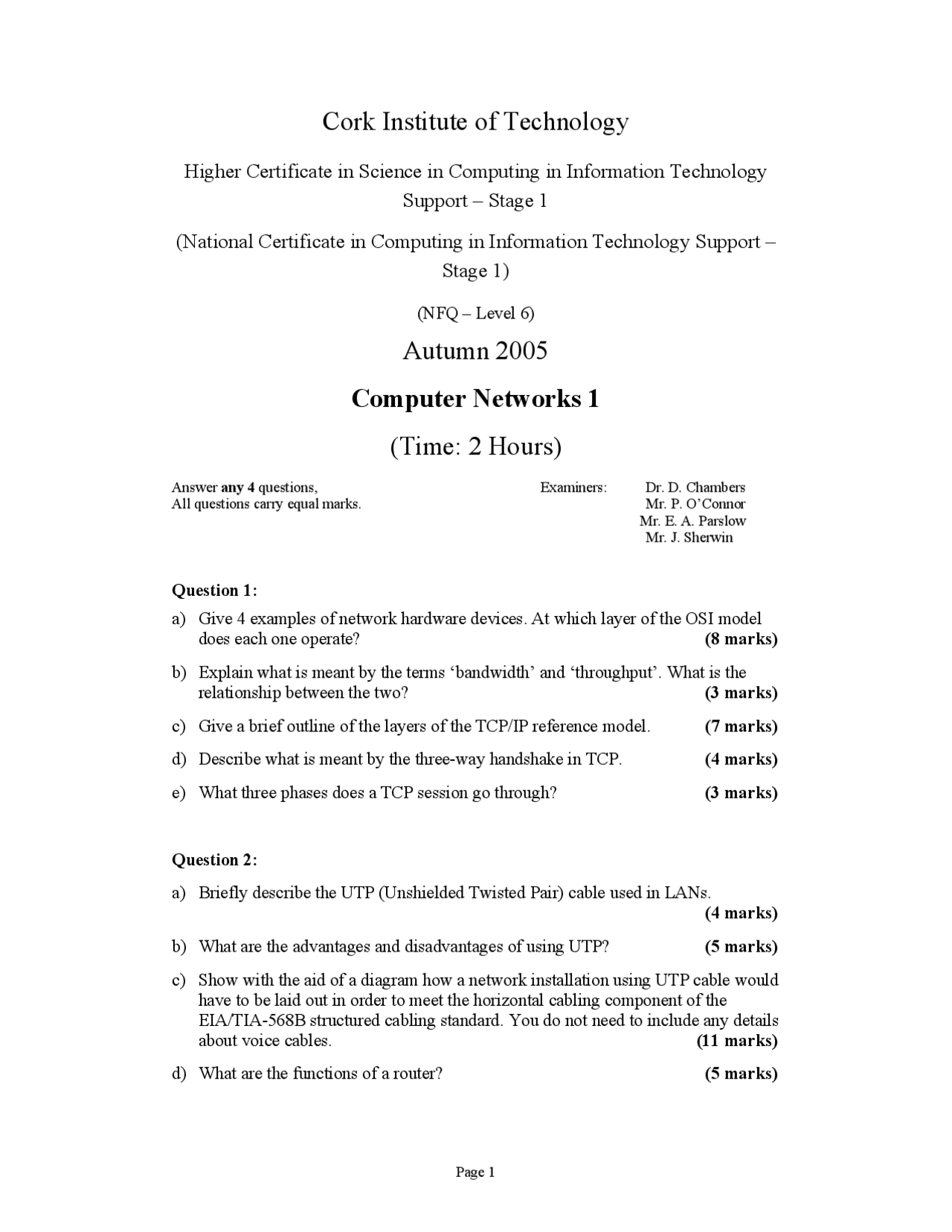 Unshielded Twisted Pair Computer Networks Old Exam Paper Docsity
