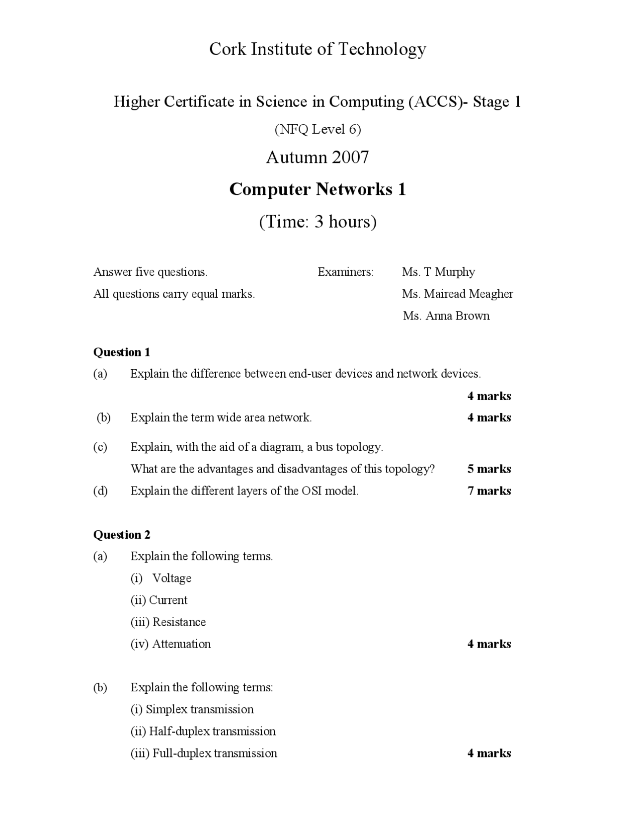 Resistance Computer Networks Old Exam Paper Docsity