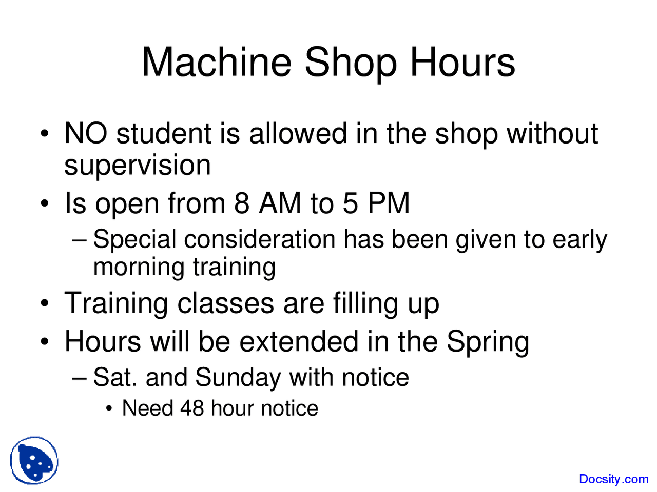 Machine Shop - Aerospace Engineering Design - Lecture Slides - Docsity