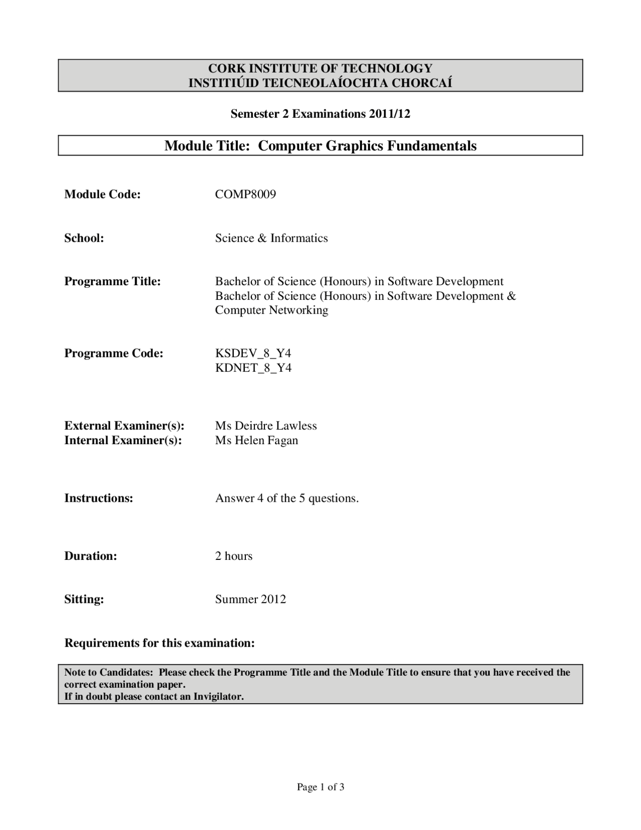 Trichromacy Model Computer Graphics Fundamentals Old Exam Paper