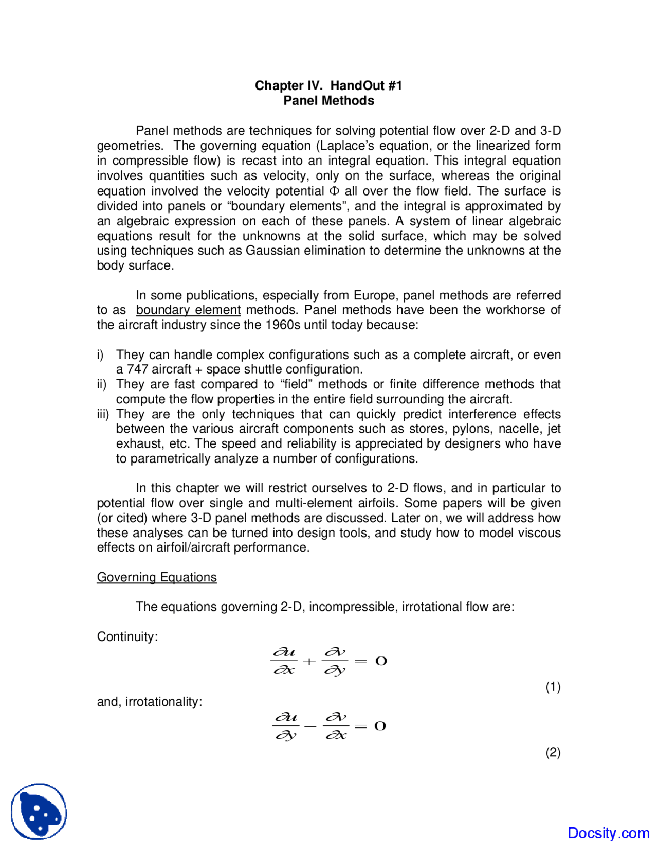 Panel Methods High Speed Aerodynamics Lecture Notes Docsity