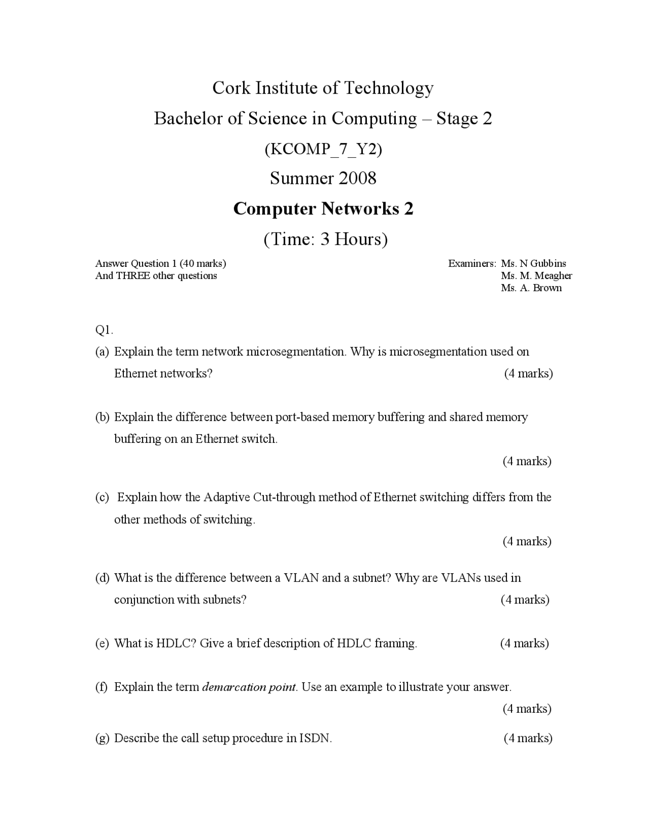Isdn Computer Networks Old Exam Paper Docsity