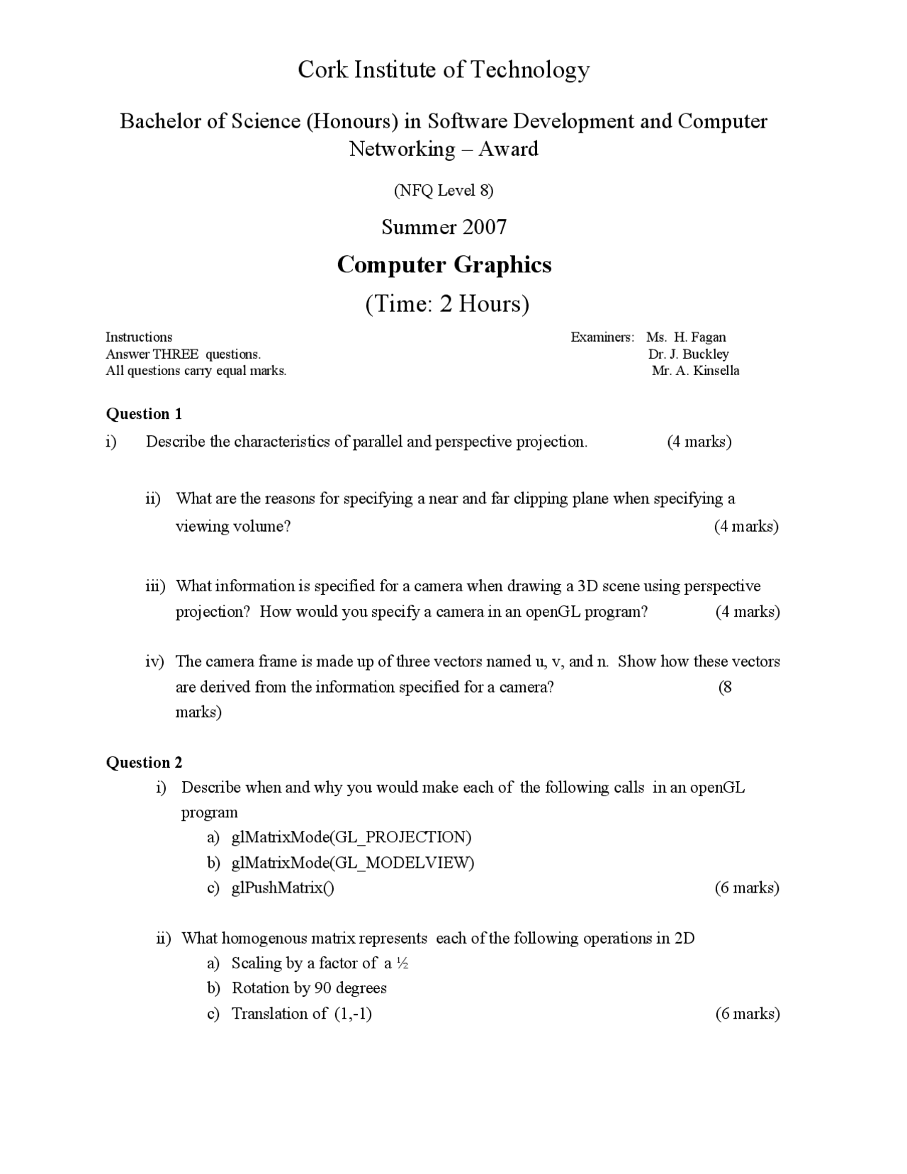 Gl Projection Computer Graphics Old Exam Paper Docsity