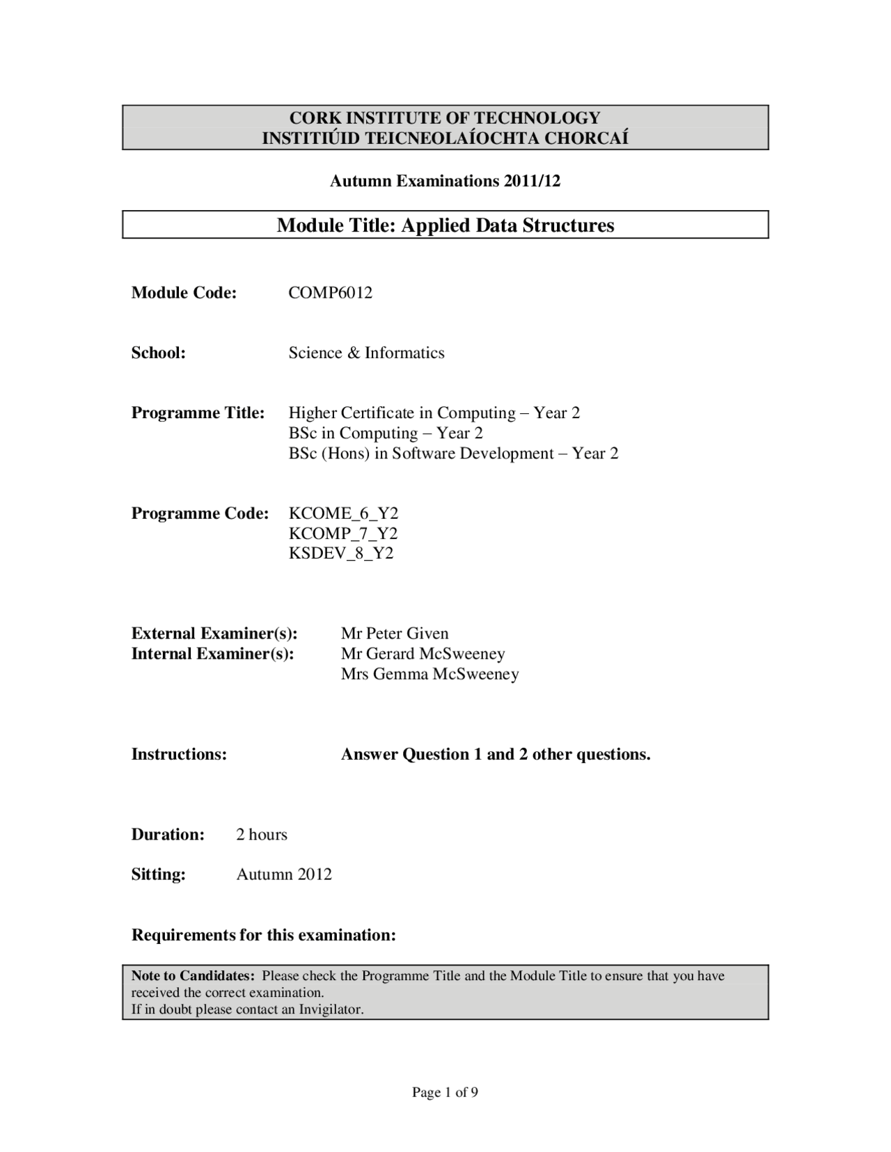 Memory Allocation Applied Data Structures Old Exam Paper Docsity