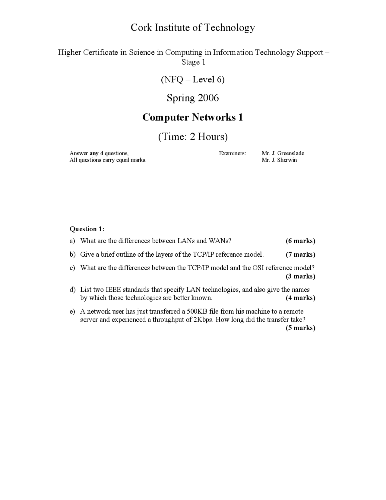 Lans Computer Networks Old Exam Paper Docsity