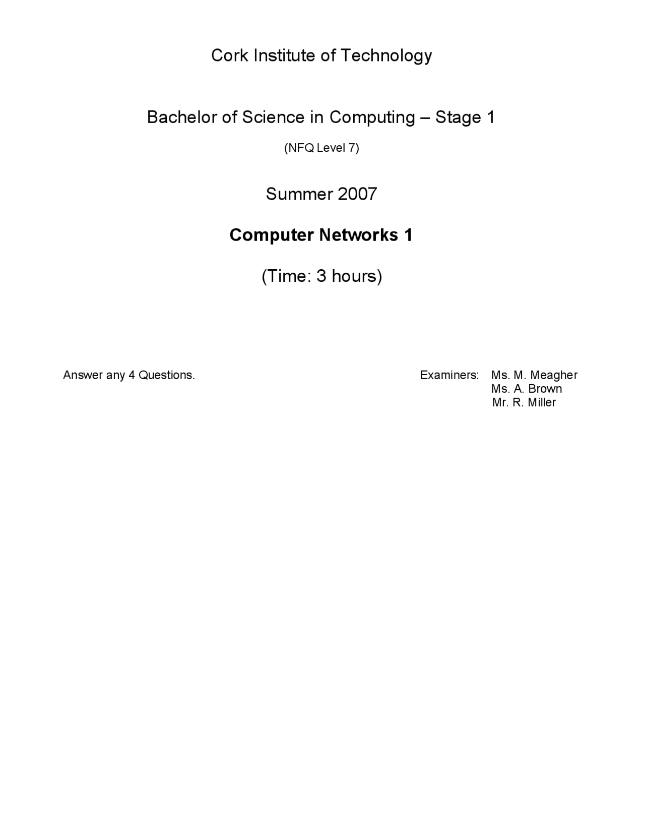 Data Link Computer Networks Old Exam Paper Docsity