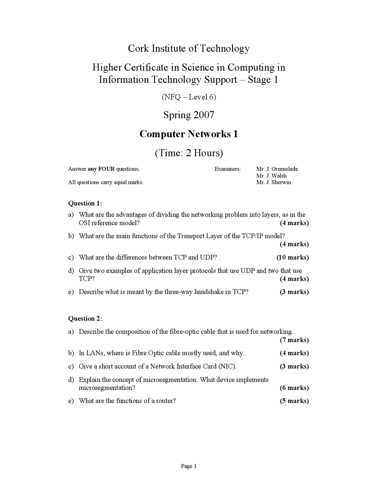 Fibre Optic Cable Computer Networks Old Exam Paper Docsity
