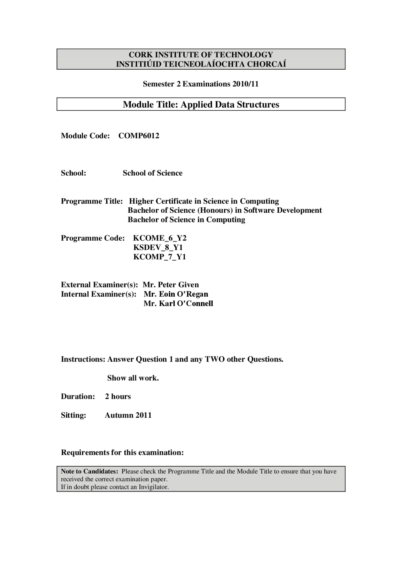 Examination Paper: Applied Data Structures (COMP6012) - Cork Institute of Technology | Exámenes ...