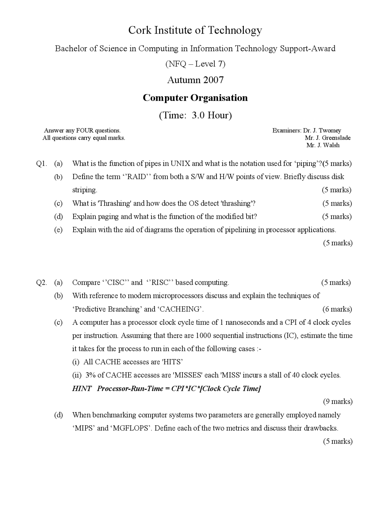 Mttr Computer Organisation Old Exam Paper Docsity