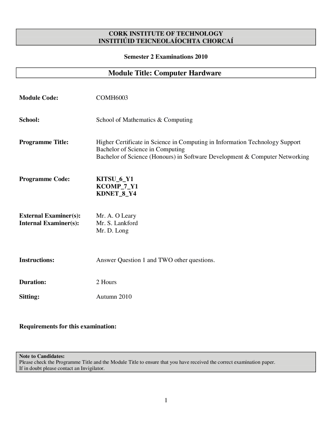 Troubleshoot Computer Hardware Old Exam Paper Exams Computer