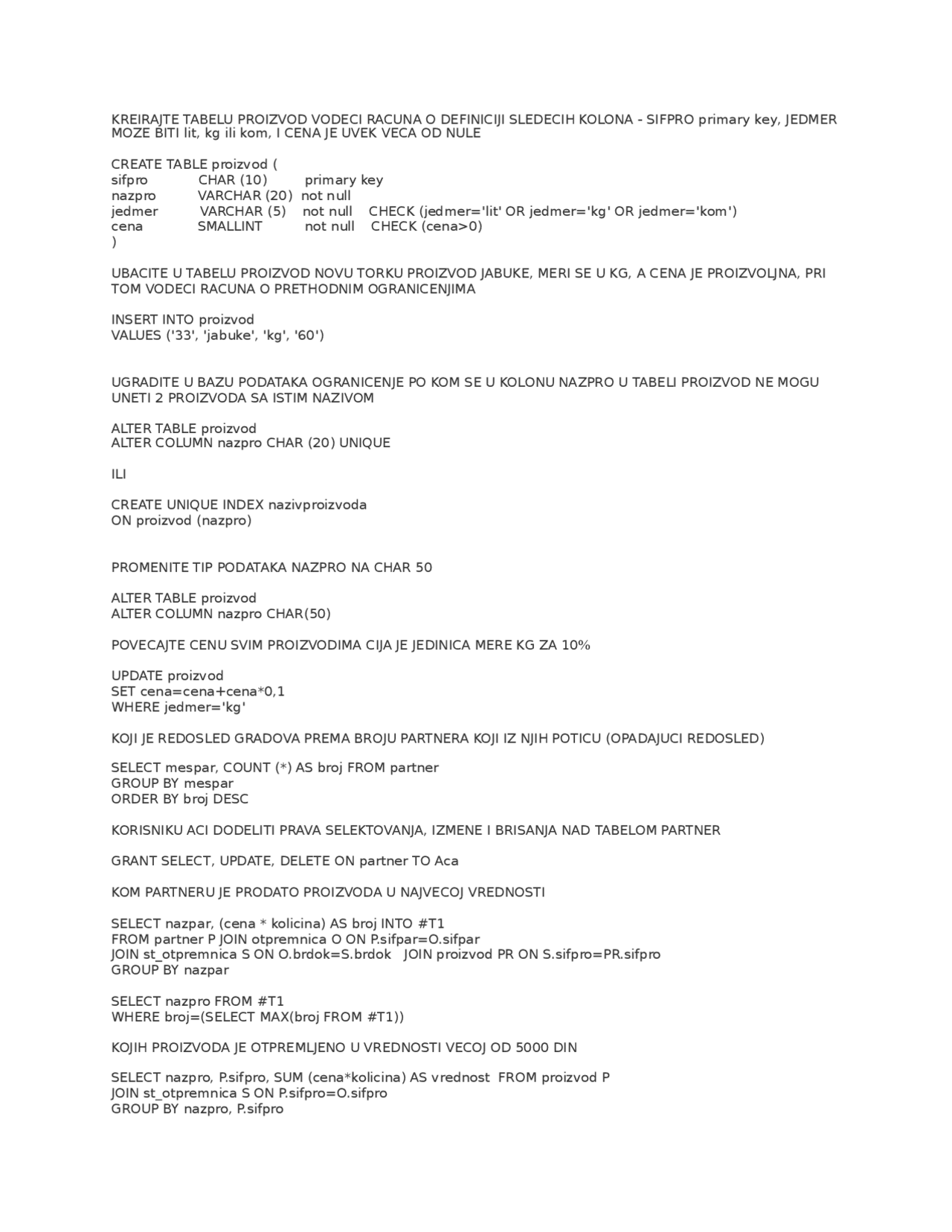 SQL zadaci: kreiranje tabele proizvoda | Skripte' predlog Baze podataka - Docsity