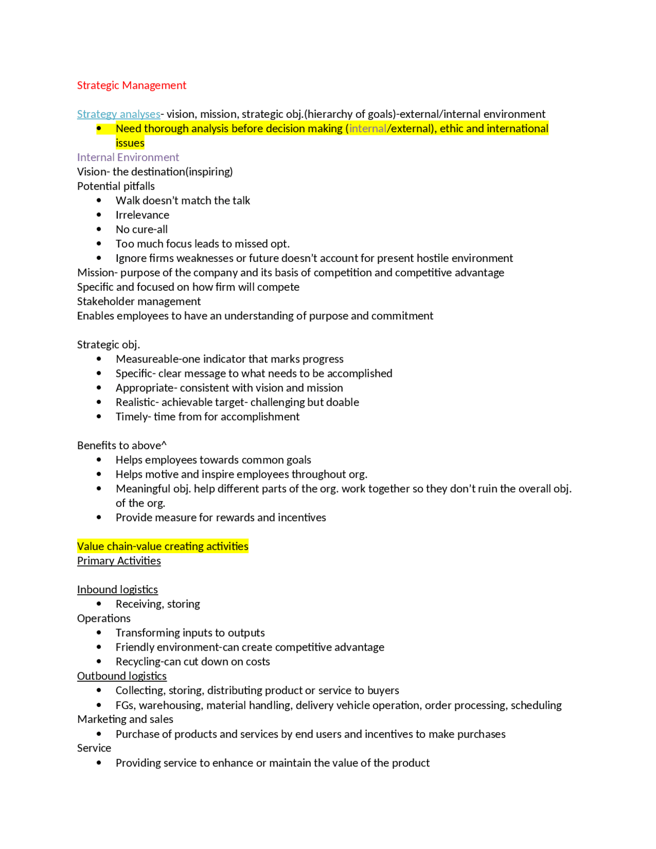 Exam 1 Outlines Strategic Management Lecture Notes Mgt 4394 Docsity